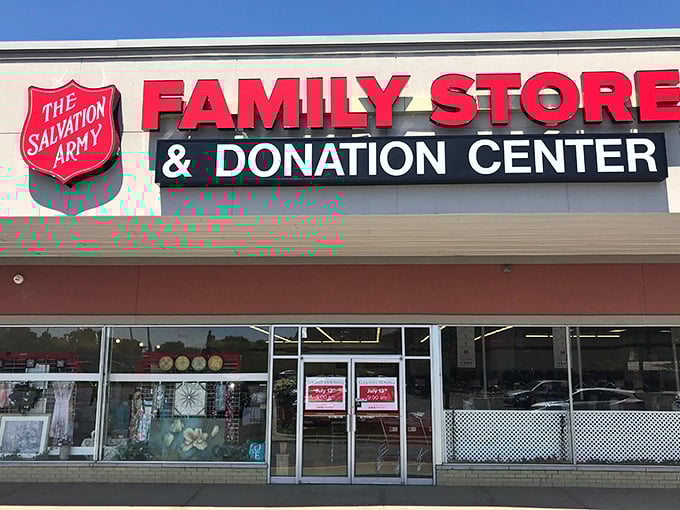 Sunshine highlights the Family Store's welcoming entrance—a gateway to affordable treasures and community support.