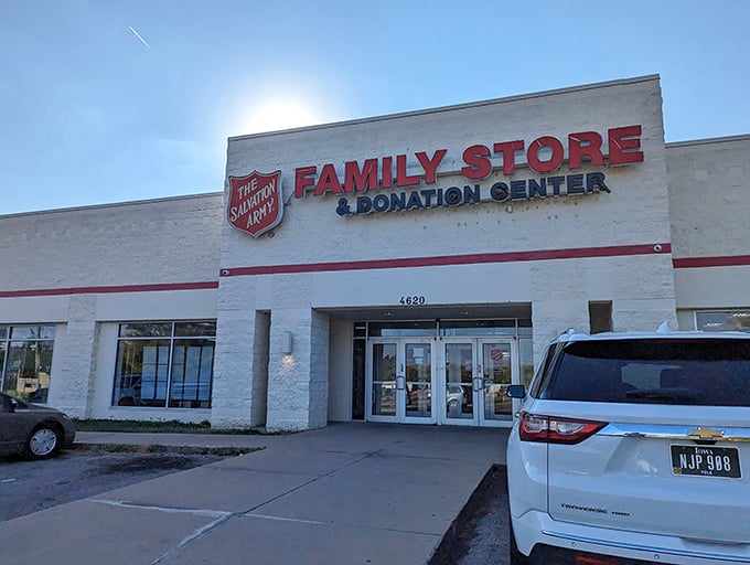 Bright sunshine illuminates the entrance to bargain paradise—where one person's donations become another's delightful discoveries.
