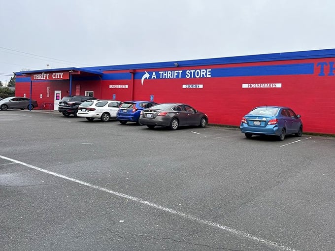 The expansive red exterior of Thrift City in Tacoma signals the scale of treasures waiting to be unearthed inside.