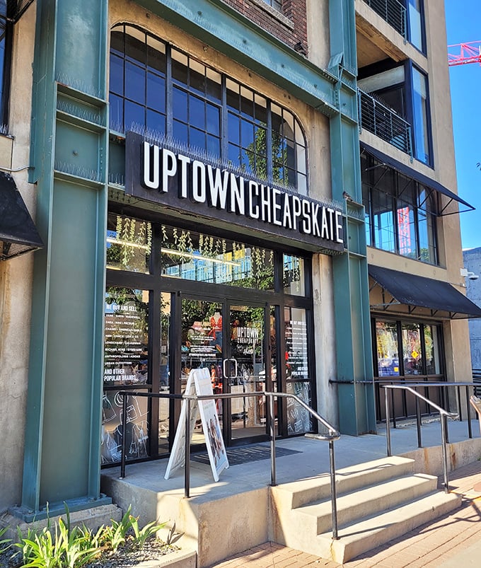 Modern architecture houses timeless bargain hunting - where every rack holds potential wardrobe gold for the discerning secondhand shopper.