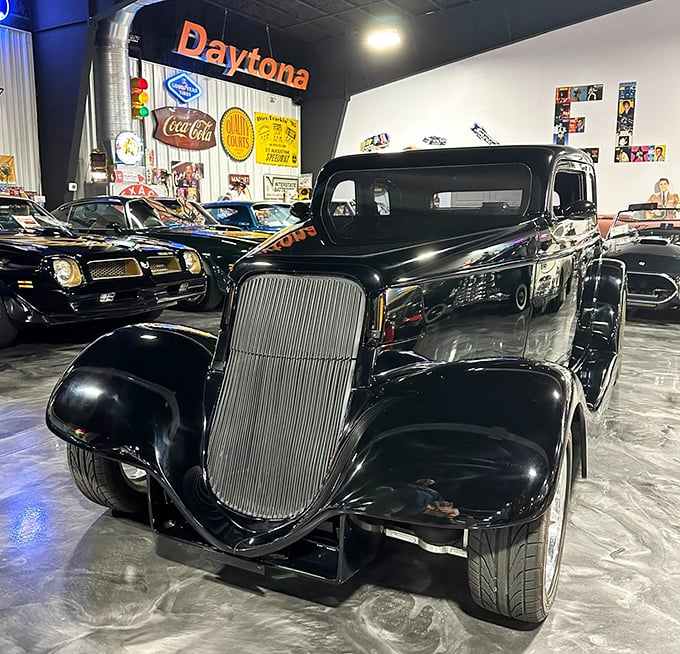 Sleek, black, and impossibly cool—this '33 hot rod looks ready to star in "American Graffiti" or race away from the law in style.