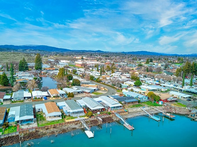 Aerial view reveals Lakeport's intimate relationship with water. A town where canals and inlets create a Venice-like charm without Italian prices.