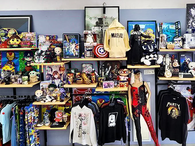 Pop culture paradise! Where else can Darth Vader, Marvel heroes, and anime characters coexist on the same shelf?