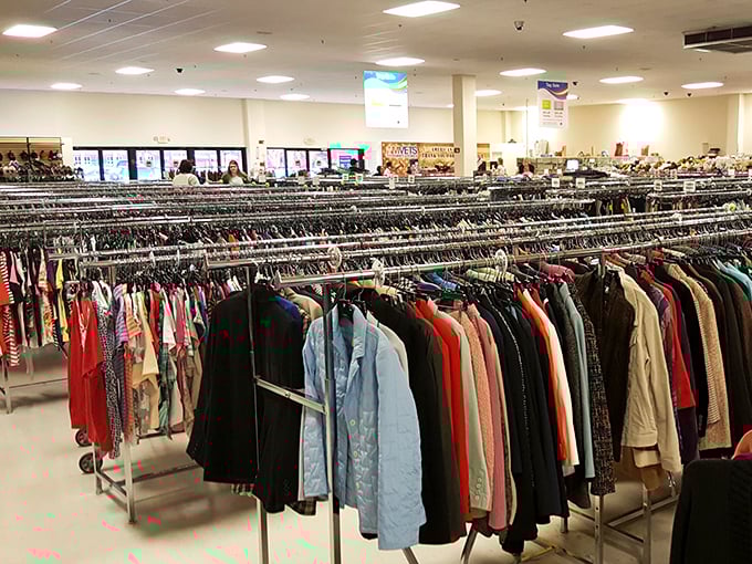 The clothing section stretches as far as the eye can see, a fabric rainbow where yesterday's fashion becomes tomorrow's statement piece.