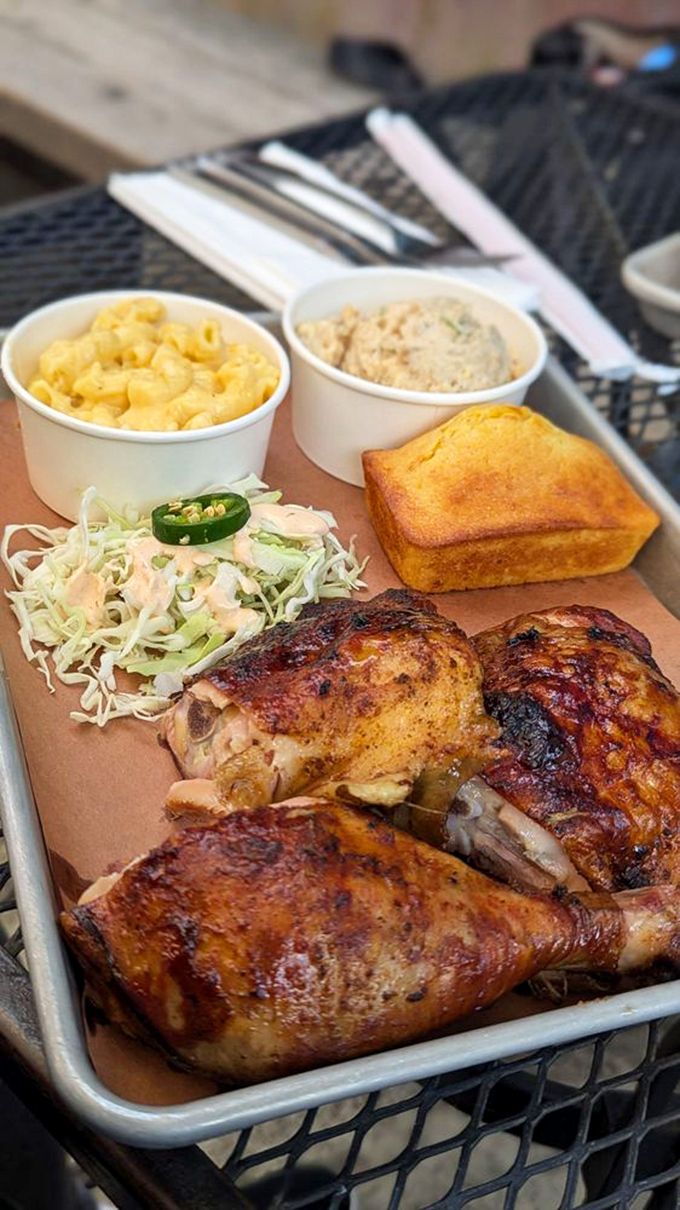 Smoke-kissed chicken with that mahogany skin – proof that poultry deserves the same low-and-slow respect usually reserved for brisket.