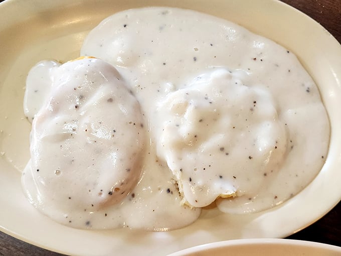 Biscuits and gravy so authentic they should come with their own Southern accent – these fluffy clouds bathed in creamy gravy are breakfast nirvana. 
