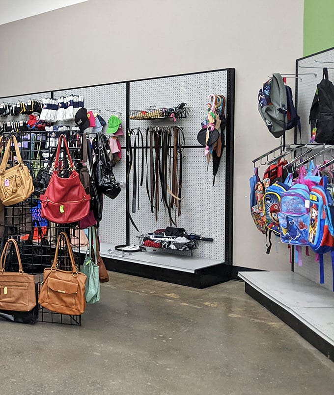 The handbag corner – where designer dreams meet practical budgets. That red leather number has stories to tell from its previous life.