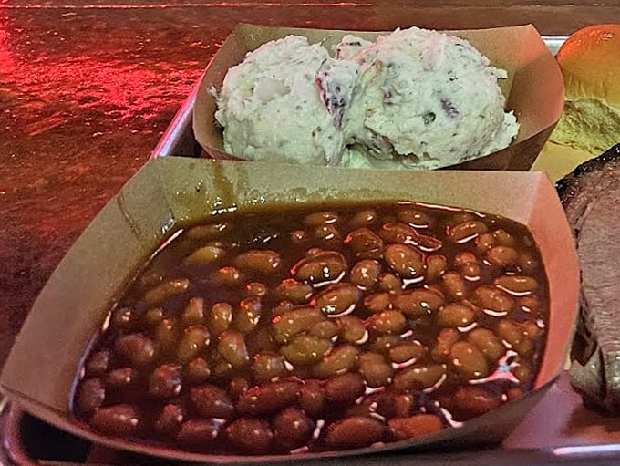 Baked beans swimming in a sauce that's had a long, meaningful conversation with smoked meat. Humble legumes transformed into something extraordinary.