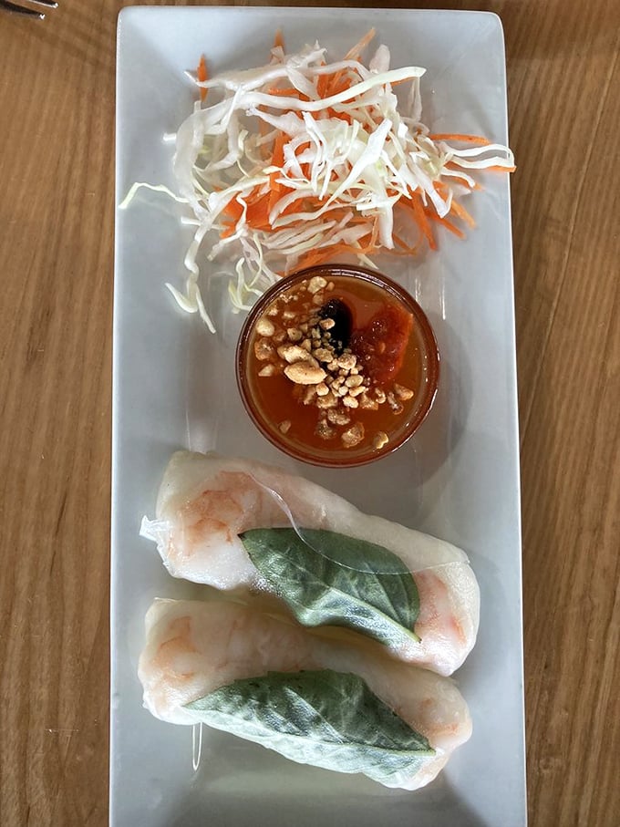 Fresh spring rolls – nature's perfect little packages where shrimp and herbs play hide-and-seek under translucent rice paper wrappers.