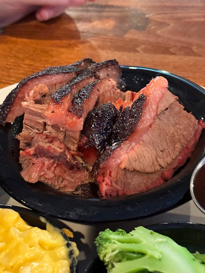 Smoke ring alert! This brisket has the telltale pink halo that barbecue aficionados recognize as the mark of low-and-slow perfection.