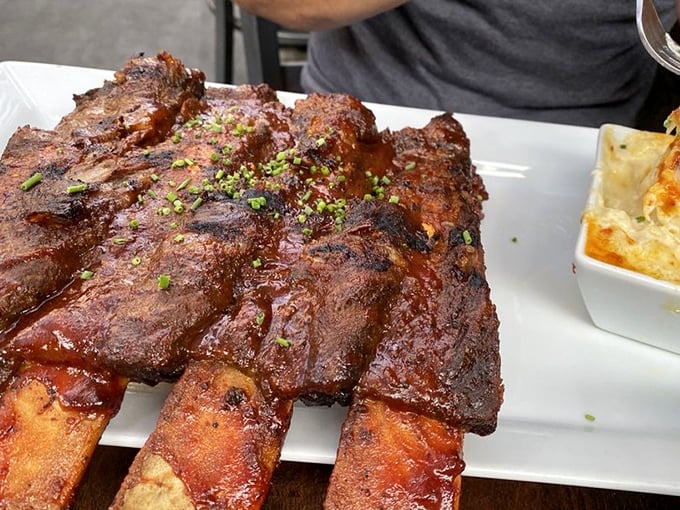 These beef ribs aren't just dinner – they're prehistoric monuments to carnivorous pleasure, garnished with a sprinkle of fresh herbs.