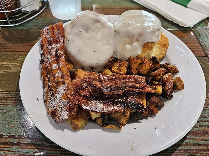 Biscuits and gravy with a side of bacon—because sometimes the universe just wants you to be happy and doesn't care about your cholesterol.