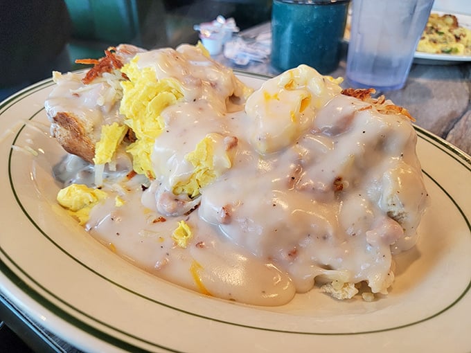 These biscuits and gravy aren't just a breakfast – they're a Southern sermon on a plate, preaching the gospel of morning indulgence.