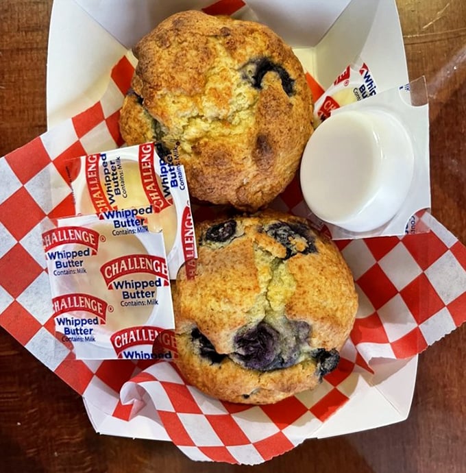 Blueberry cornbread muffins: where Southern comfort meets California innovation. The butter packets aren't suggestions—they're instructions.