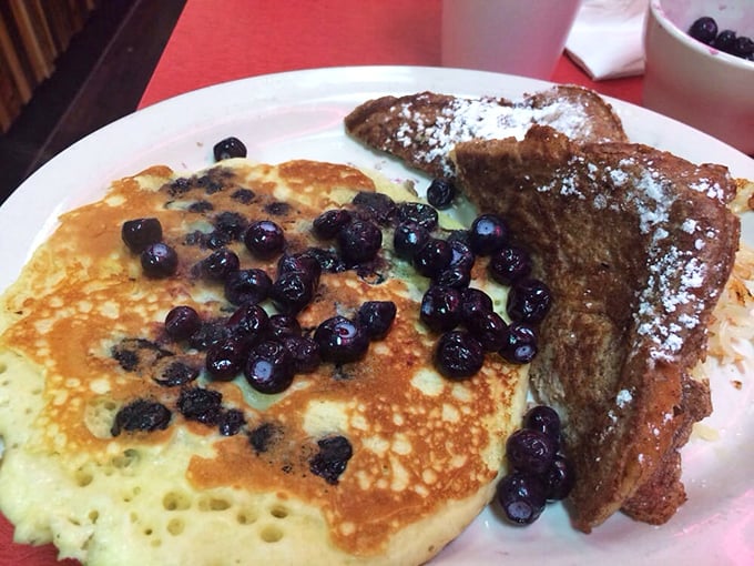 Blueberry pancakes and French toast that would make your grandmother both proud and jealous. The powdered sugar is just showing off.