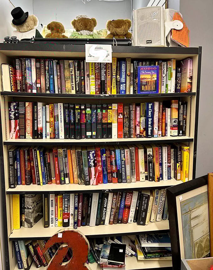 Bookworms rejoice! These shelves hold literary treasures spanning decades, with teddy bears standing guard over the collection.