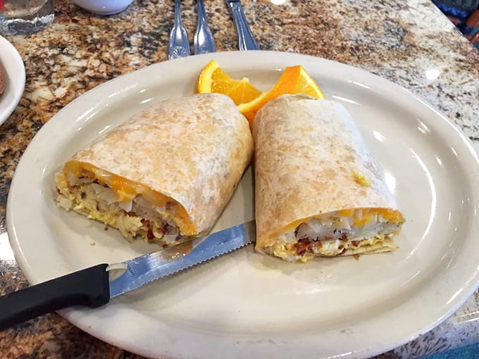Breakfast burritos should always be this stuffed—a flour tortilla barely containing its treasure of eggs, potatoes, and morning deliciousness.