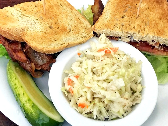 The classic BLT with coleslaw—proof that sometimes the simplest pleasures are the most profound. That pickle isn't just garnish; it's punctuation.