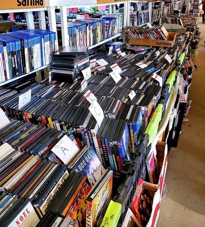 The DVD section: where streaming subscribers rediscover the joy of physical media and the phrase "no WiFi required" feels revolutionary again.