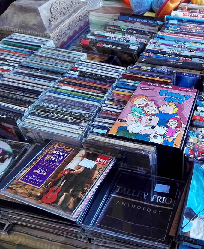 A time machine disguised as a DVD collection. Spot a Family Guy box set nestled among music CDs—physical media lives on in this digital age.