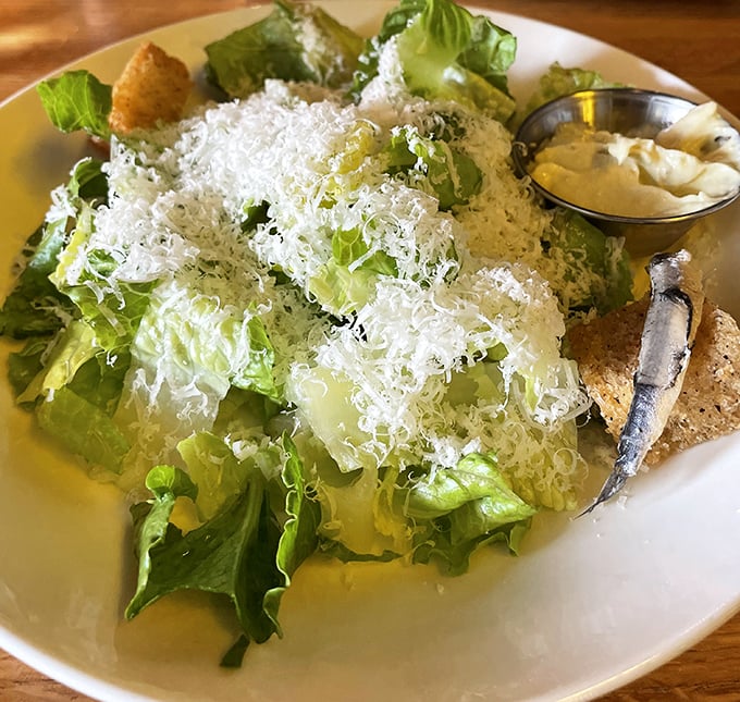 A Caesar salad that Julius himself would approve – crisp romaine wearing a cloud of freshly shaved cheese like nature's finest crown.