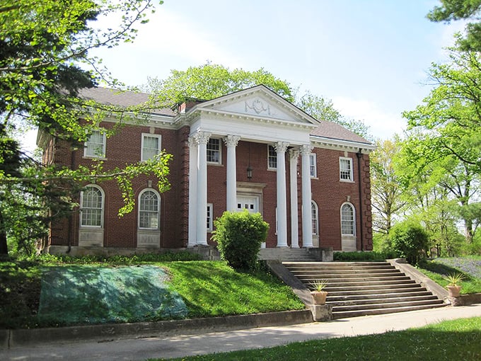 Greek Revival architecture on a hilltop—someone decided Mount Carroll deserved elegance, and we're all better for their good taste.