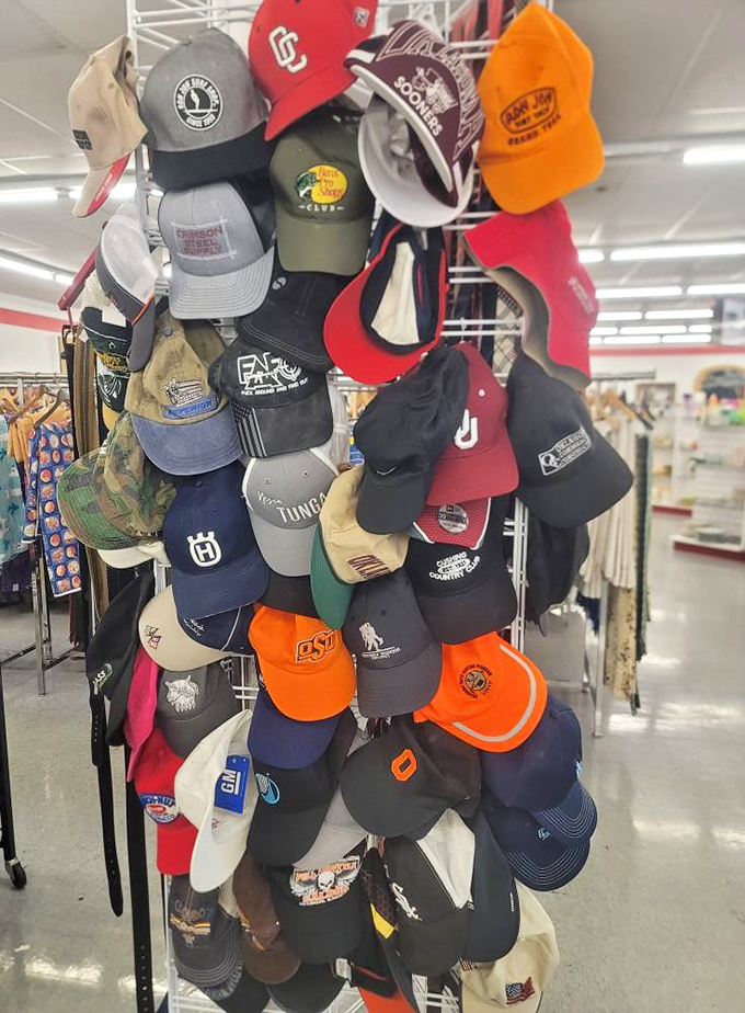 Baseball caps galore – because everyone needs options for bad hair days and sunny Oklahoma afternoons.