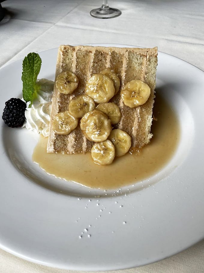 Bananas Foster's sophisticated city cousin—caramelized fruit atop a waffle that's crisp enough to make you forget every diet promise you've made.