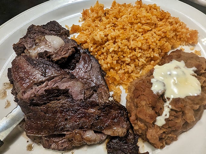 The carne asada brings the fiesta to your fork with rice, beans, and enough flavor to start a mariachi band.