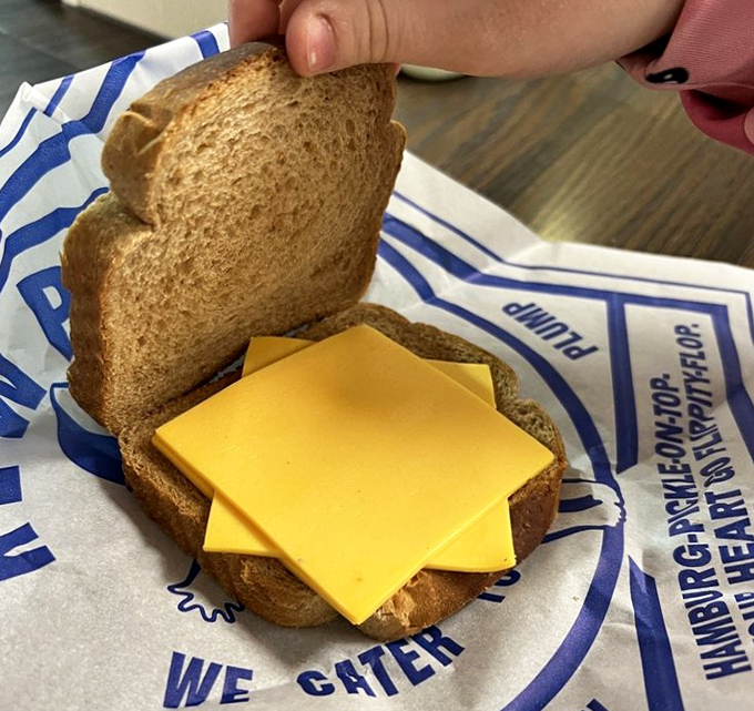 The humble cheese sandwich—proof that sometimes the simplest pleasures are the most satisfying, especially when served on fresh bread with perfectly melted American.