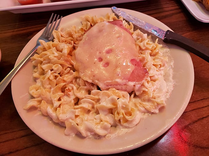 Chicken Cordon Bleu nestled on a bed of noodles – like a comfort food hug from a Swiss-French grandmother who moved to Ohio.