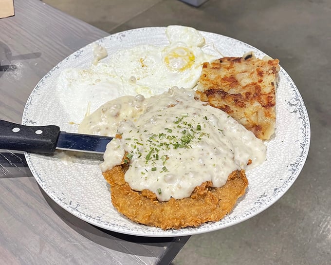 Country-fried comfort meets creamy gravy heaven – this plate proves that sometimes the best breakfast doesn't involve pancakes at all.