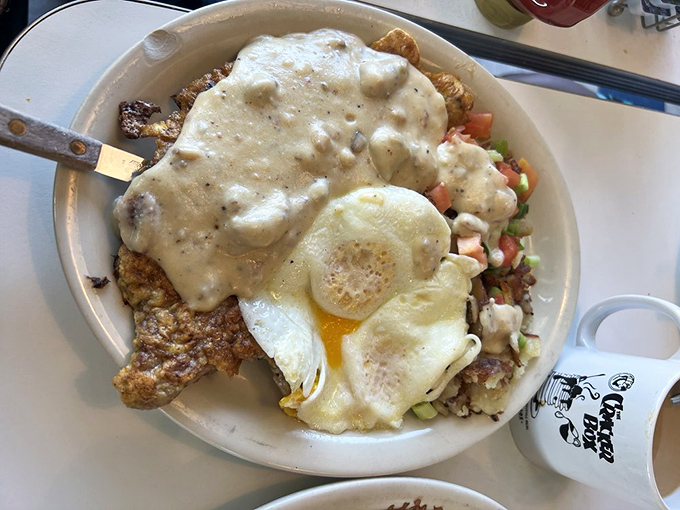 Country-fried steak swimming in gravy with a sunny-side up egg—the breakfast equivalent of hitting the jackpot in Vegas.