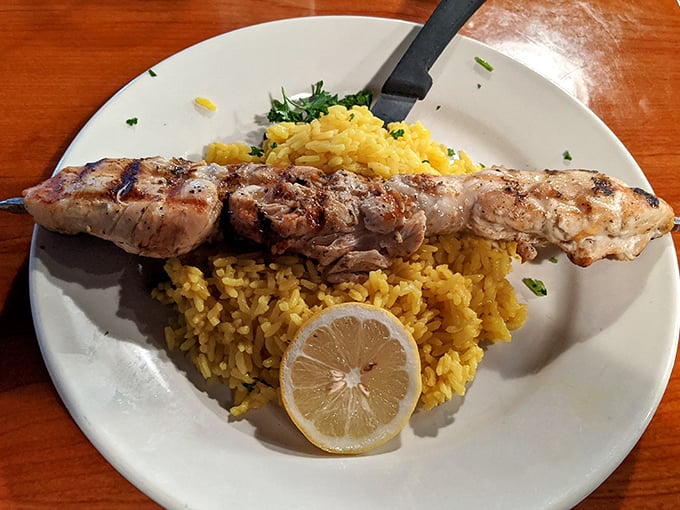 A kebab that demands to be photographed before eaten—though you'll only have about three seconds before temptation wins.
