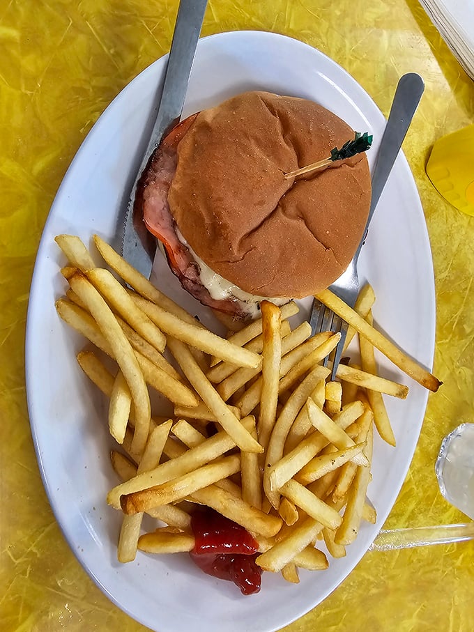 The classic American hamburger and fries—proof that some traditions don't need reinvention, just proper execution and a healthy dose of ketchup.