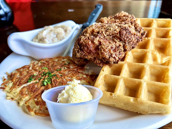 Chicken and waffles—the breakfast equivalent of a mullet: business waffle on the bottom, party chicken on top. Comfort food perfection.