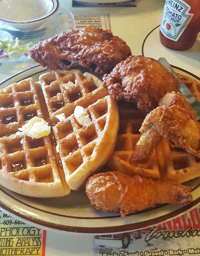 Chicken and waffles: the food equivalent of a country song—simple, satisfying, and somehow both sweet and savory. A plate that proves opposites really do attract.