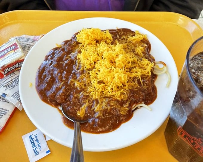 Cincinnati has nothing on this hearty 5-Way Chili—a glorious mess of spaghetti, beans, and beef topped with a sunshine-bright crown of shredded cheddar.