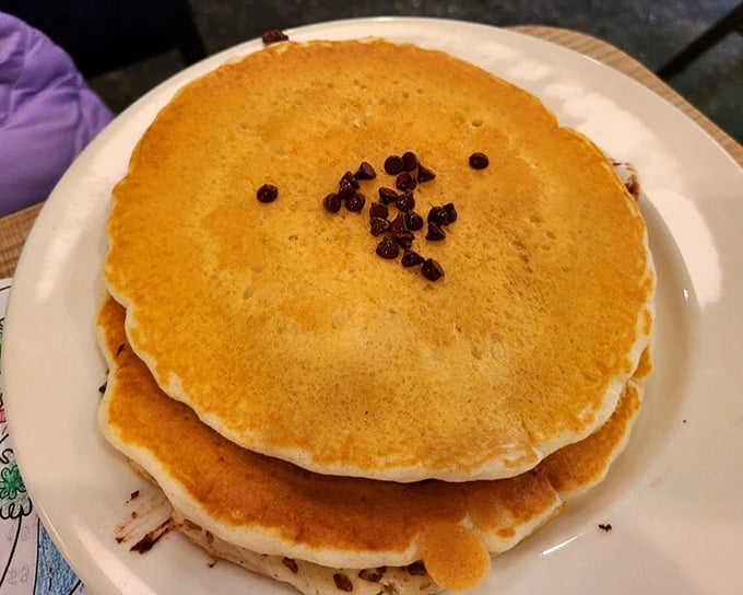 These pancakes don't just have chocolate chips—they've entered a committed relationship with them and neither is looking back.