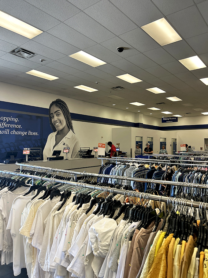 Color-coded organization transforms what could be chaos into a shopper's paradise, with whites and neutrals creating a surprisingly zen shopping experience.