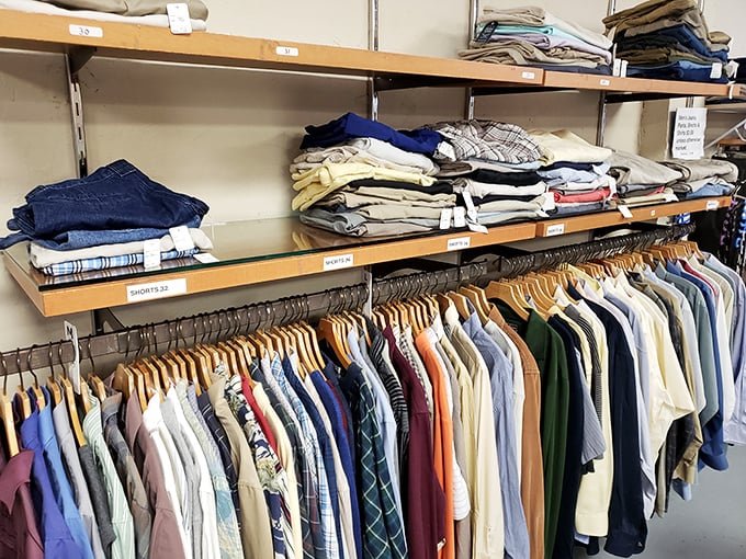 Men's clothing organized with military precision. Those $2 shirts will have you looking like a million bucks – or at least twenty-seven dollars.