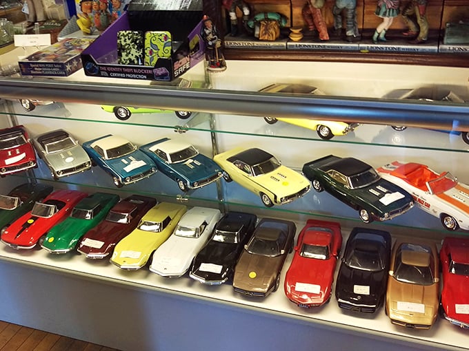 A rainbow fleet of miniature cars that would make any collector's heart race – each tiny vehicle carrying a full-size load of nostalgia.