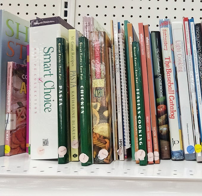 Cookbooks line up like culinary time capsules. "Smart Choice" indeed—why experiment when someone else has already perfected pasta primavera?