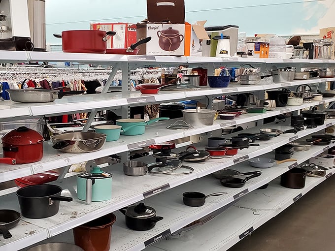 Cookware heaven for aspiring chefs and kitchen experimenters—that red Dutch oven has stories to tell about someone else's Sunday roasts.