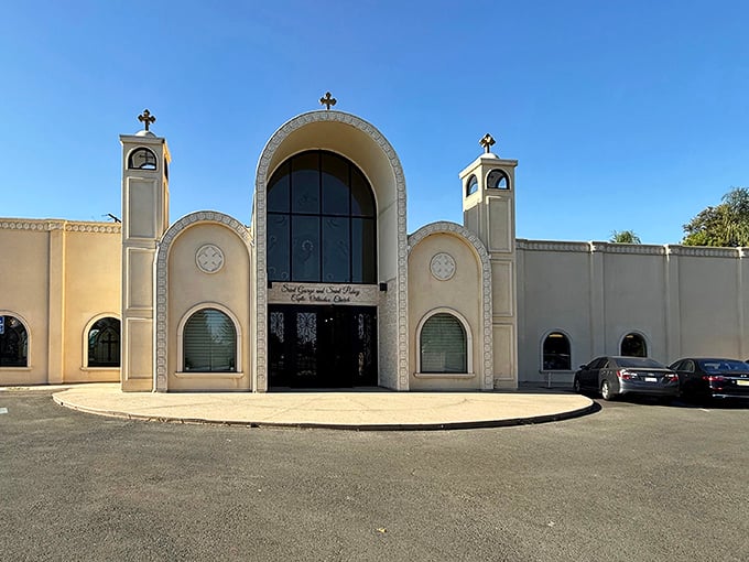 The Coptic Orthodox Church's elegant arches and peaceful presence add architectural diversity to a town that embraces cultural richness.