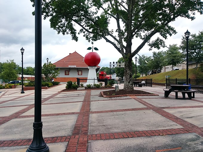 The beautifully preserved Cornelia Depot stands as a testament to the town's railroad roots, its red-tiled roof a distinctive landmark.
