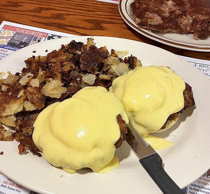 Eggs Benedict gets the Delaware treatment with crab and hollandaise—a breakfast that makes you wonder why alarm clocks weren't invented sooner.