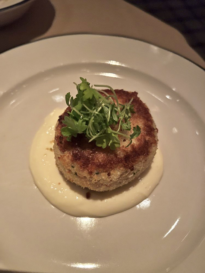 This crab cake isn't playing games—all crab, minimal filler, and a sauce that should be bottled and sold as liquid happiness.