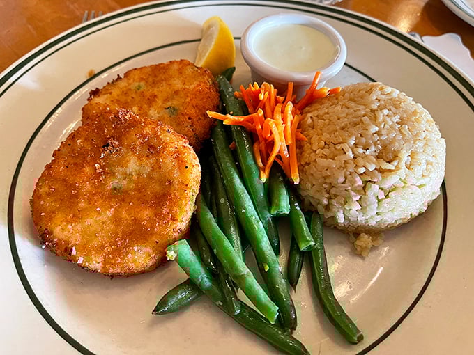 Crab cakes that are actually crab, not breadcrumbs with a seafood rumor. Paired with those green beans, it's the dinner equivalent of finding money in old pants.