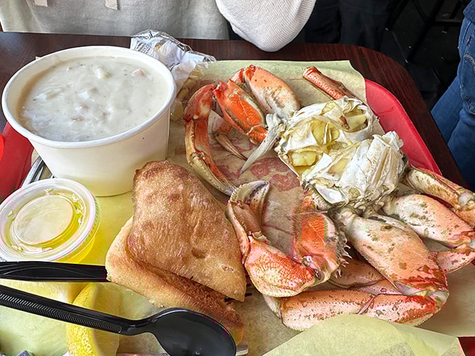 Dungeness crab and creamy chowder—a pairing so perfect it should have its own romantic comedy. The ciabatta bread plays a supporting role.
